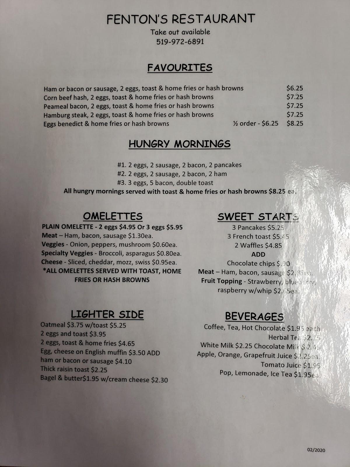 Menu at Fenton's Restaurant, Windsor