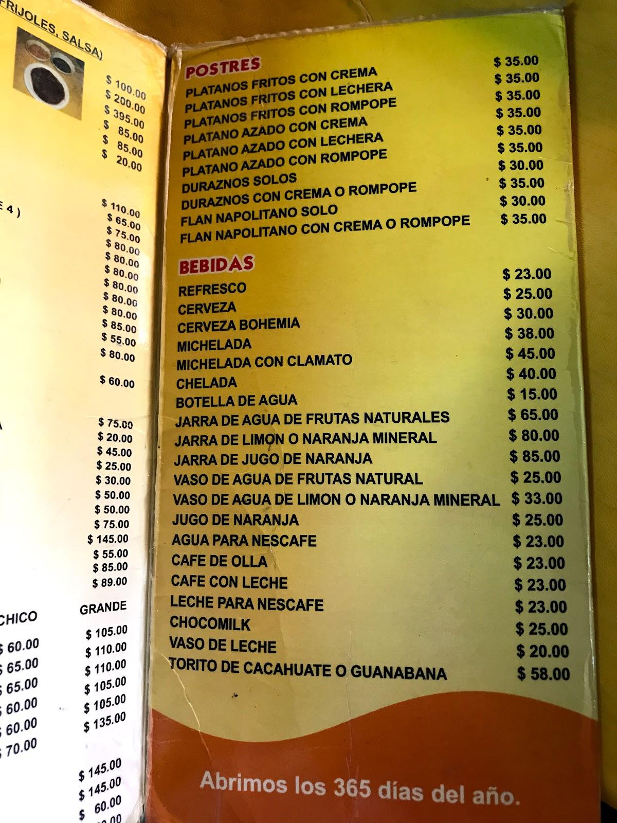 Menu at La Lomita Del Borrego restaurant, Mexico