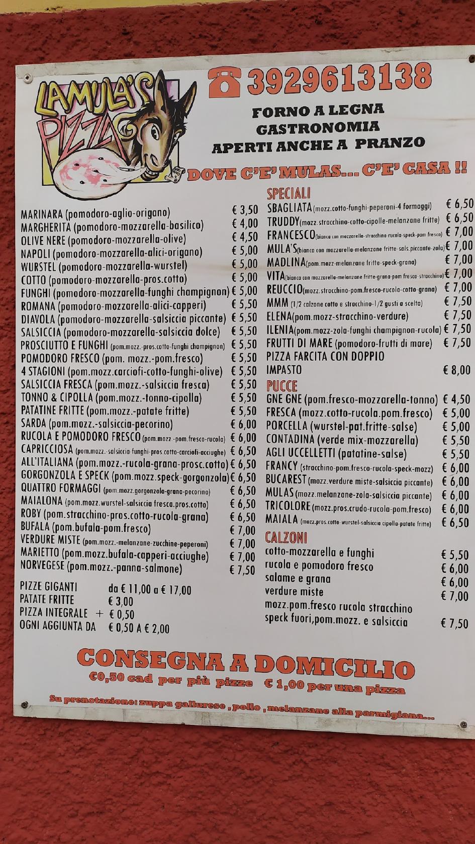 Menu da La Mula's ristorante, La Maddalena