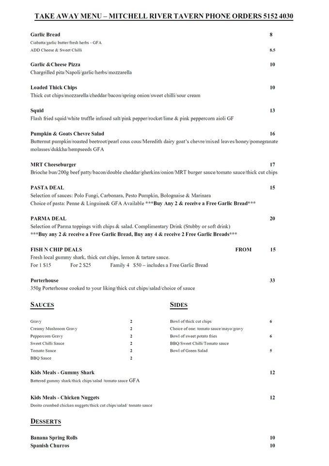 Menu at Mitchell River Tavern restaurant, Bairnsdale