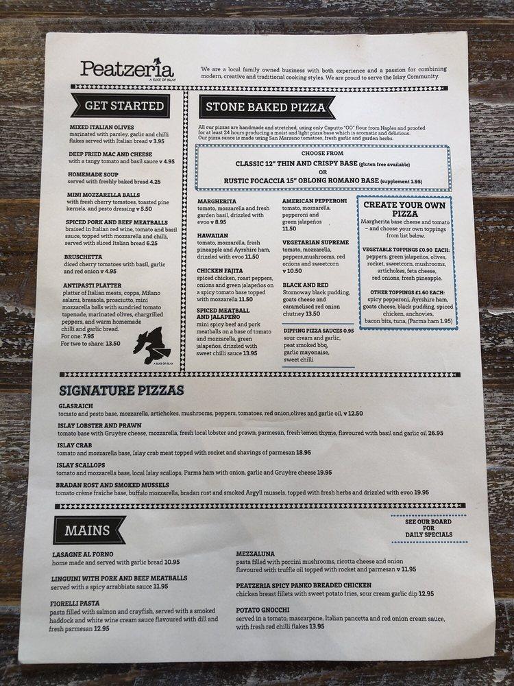 Menu at Peatzeria pizzeria, Bowmore