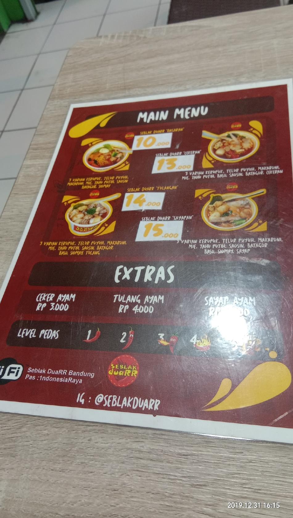 Menu at Seblak Duarr Bandung restaurant, Bandung