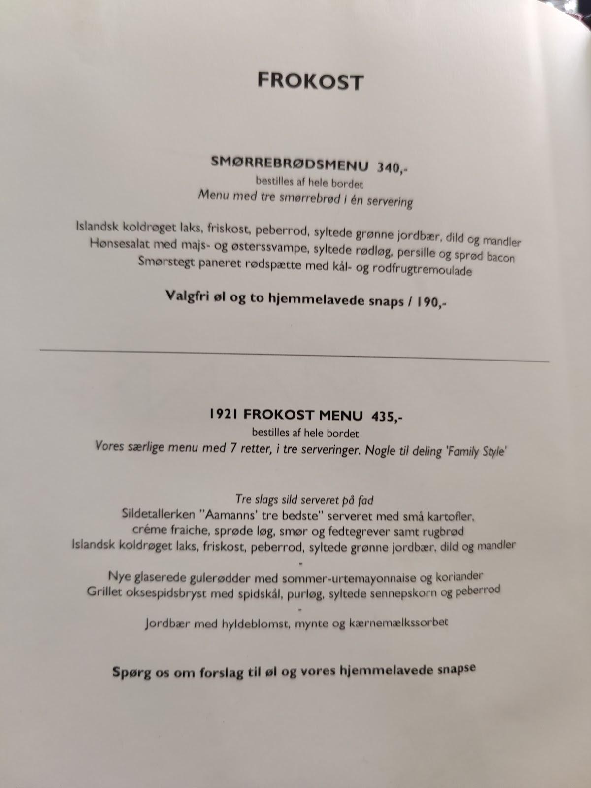 Menu at Aamanns 1921 restaurant, Copenhagen