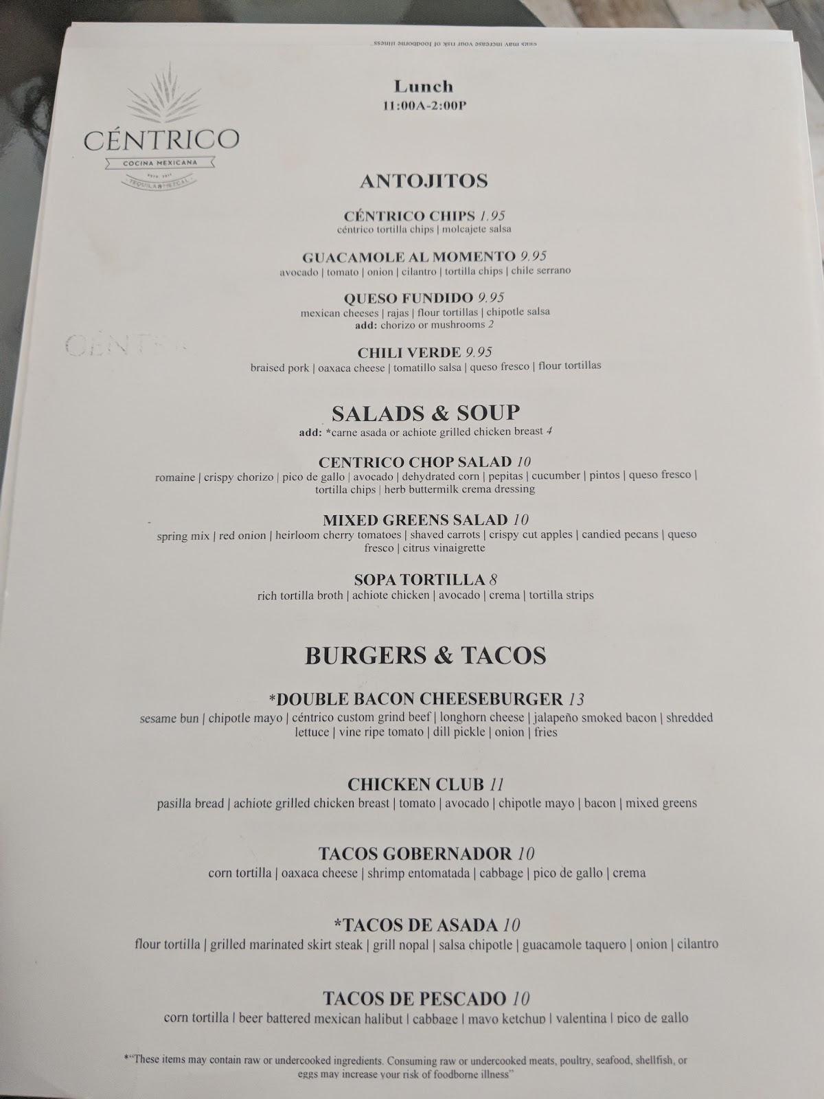 Menu at Centrico pub & bar, Phoenix