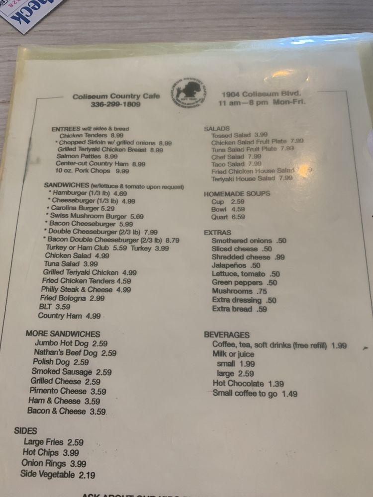 Menu at Coliseum Country Cafe, Greensboro