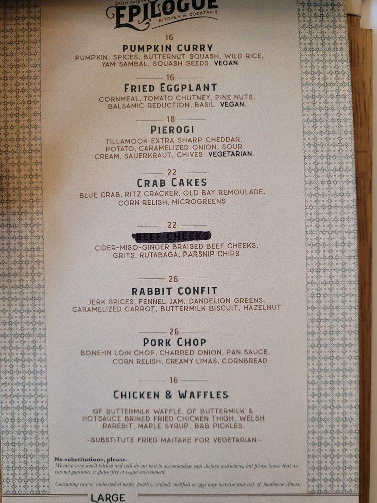 Menu at Epilogue Kitchen and Cocktails pub & bar, Salem