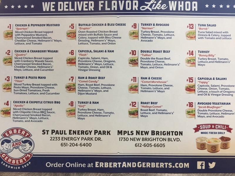 Menu at Erbert and Gerbert's restaurant, Minneapolis, New Brighton Blvd