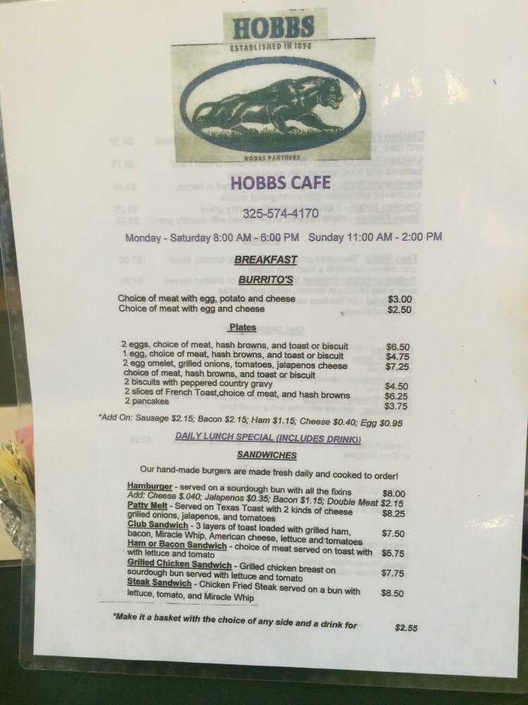 Menu at Hobbs cafe, Rotan