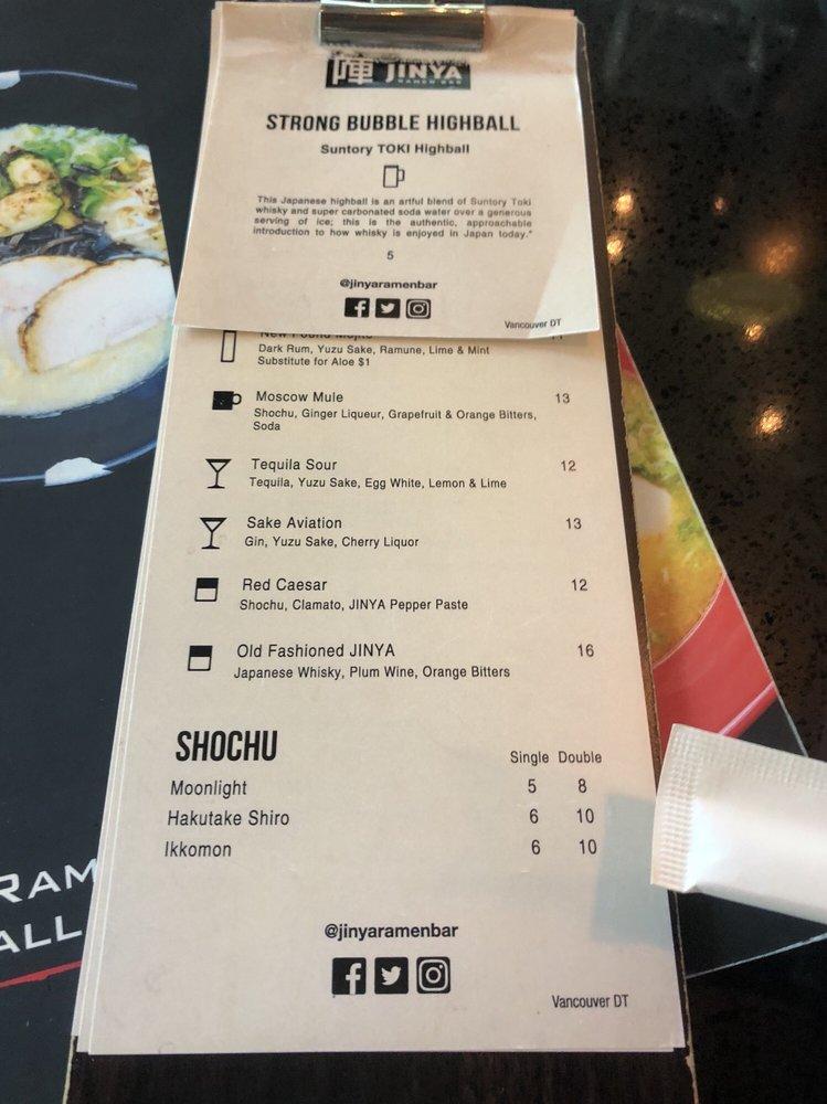 Menu at JINYA Ramen Bar - Vancouver Downtown, Vancouver, 541 Robson St