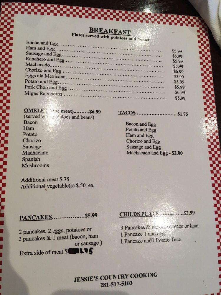 Menu at Jessie's Country Cooking restaurant, Houston
