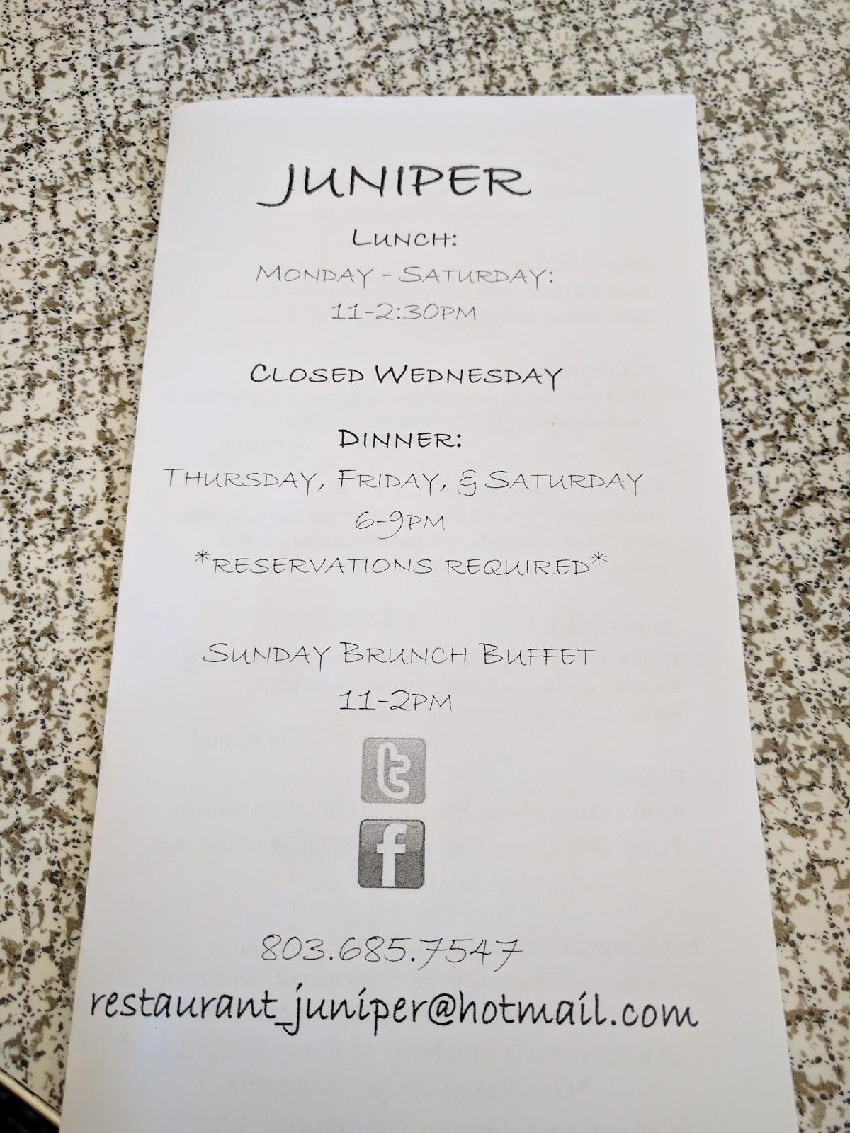 Menu at Juniper restaurant, Ridge Spring