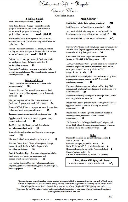 Menu at Kalapawai Cafe & Deli, Kailua