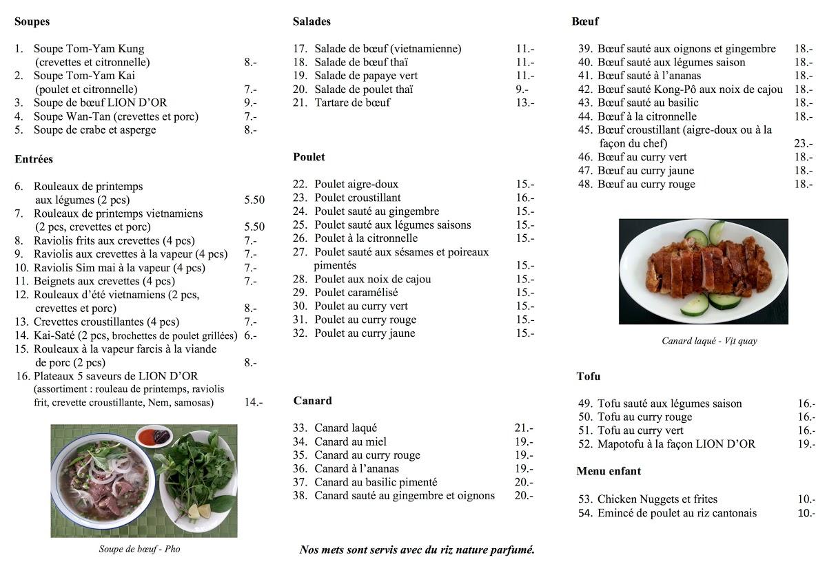 Menu da Lion d Or, Payerne