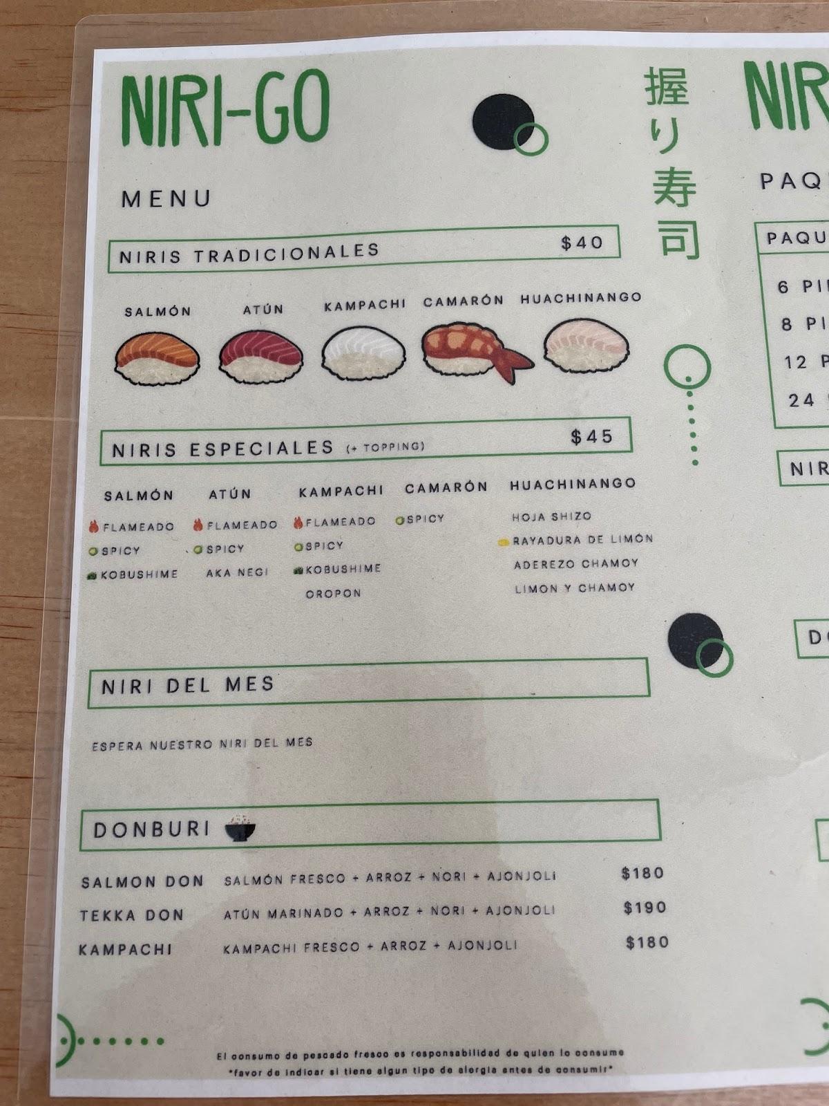 Menu at Niri-Go restaurant, Naucalpan