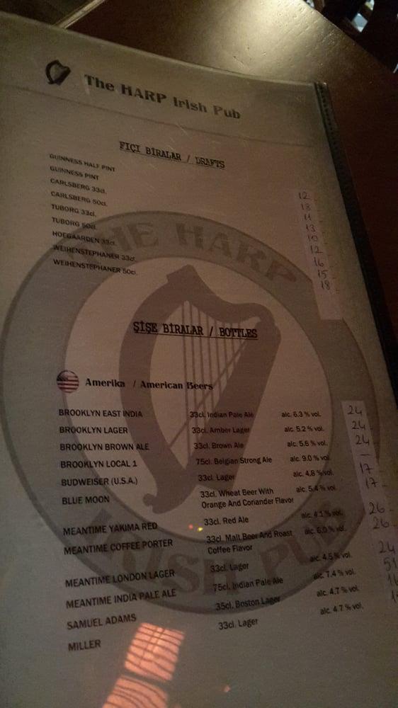 Menu at The Harp Irish Pub, Istanbul