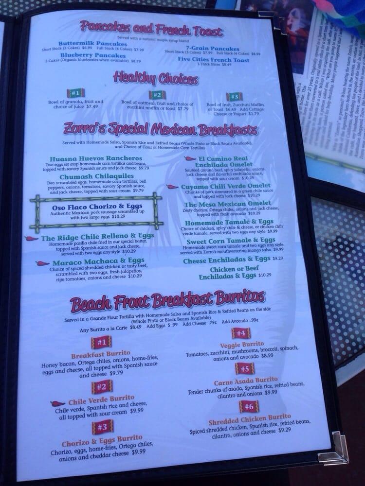Menu at Zorro's Cafe & Cantina, Pismo Beach