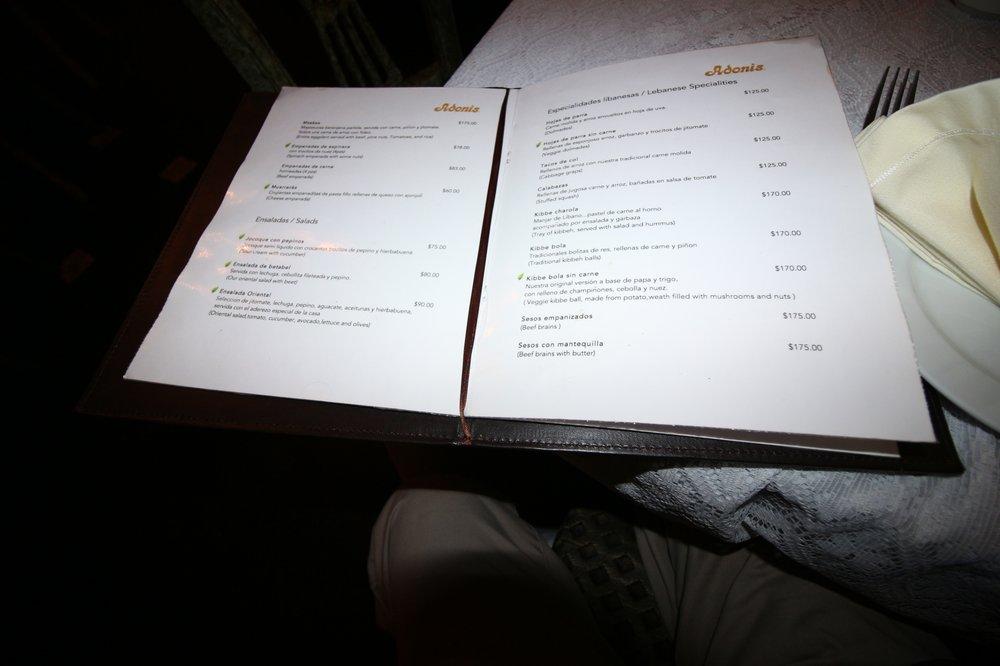 Carta de Restaurante Adonis, Ciudad de México, Hegel 205