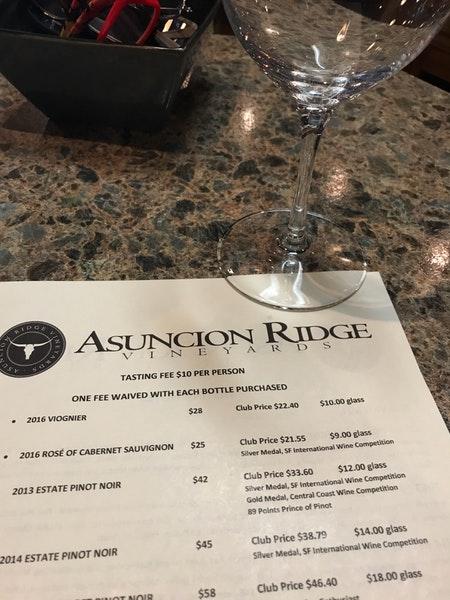 Menu at Asuncion Ridge Vineyard pub & bar, Paso Robles