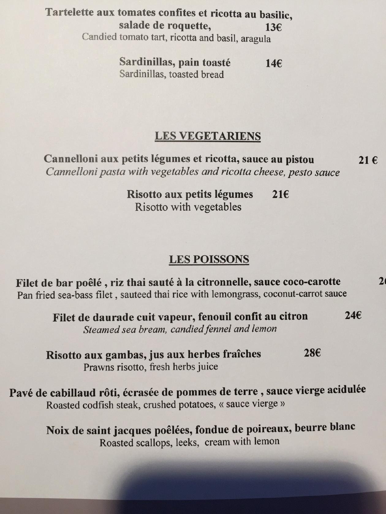 Menu at Café Jamin, Paris, 32 Rue de Longchamp