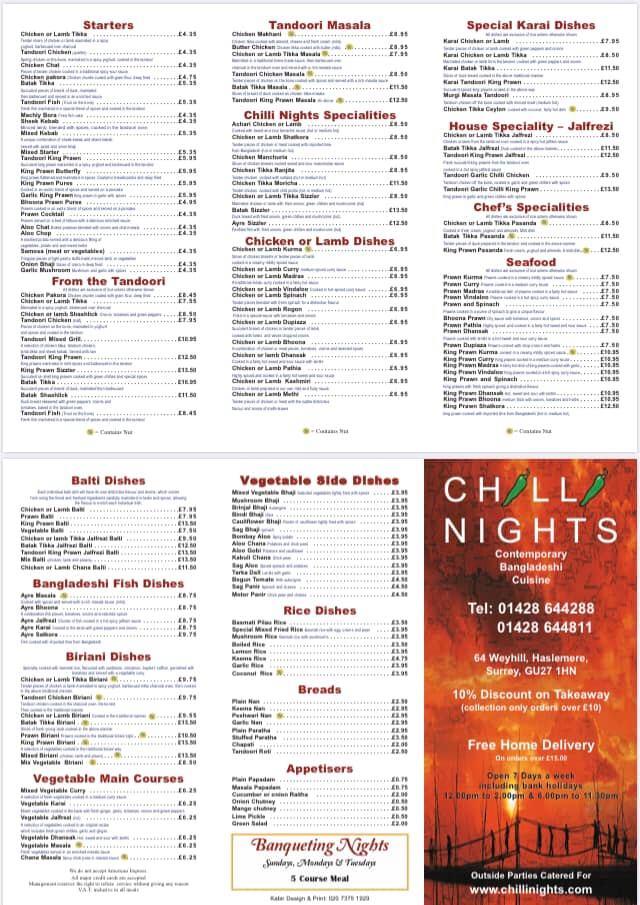 Menu at Chilli Nights restaurant, Haslemere