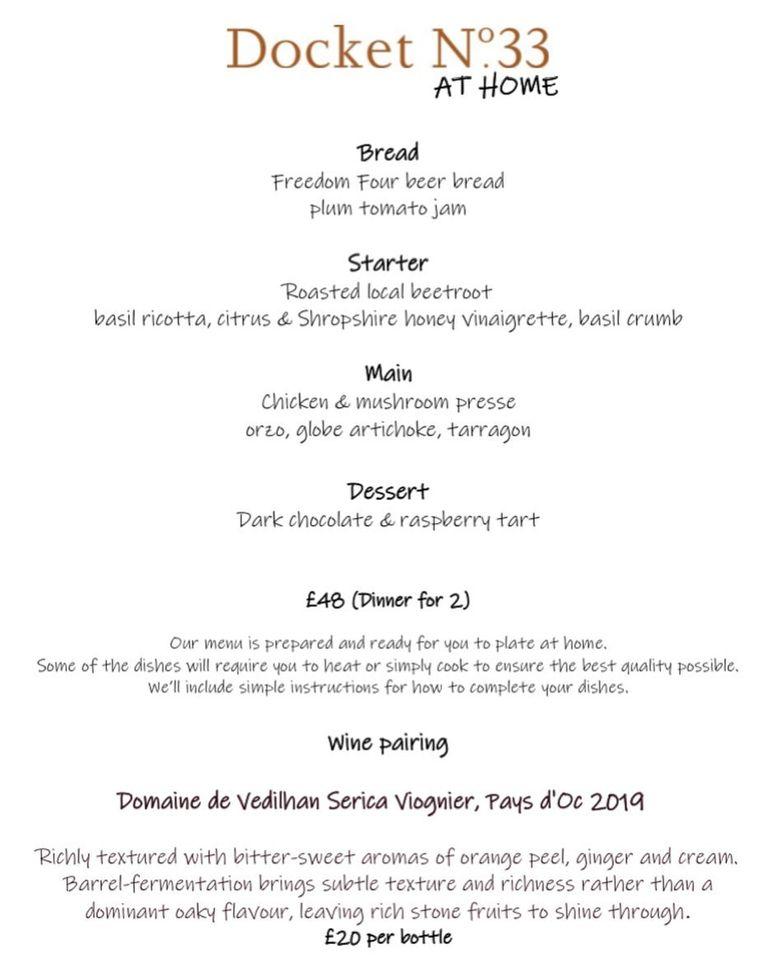 Menu at Docket No.33 restaurant, Whitchurch