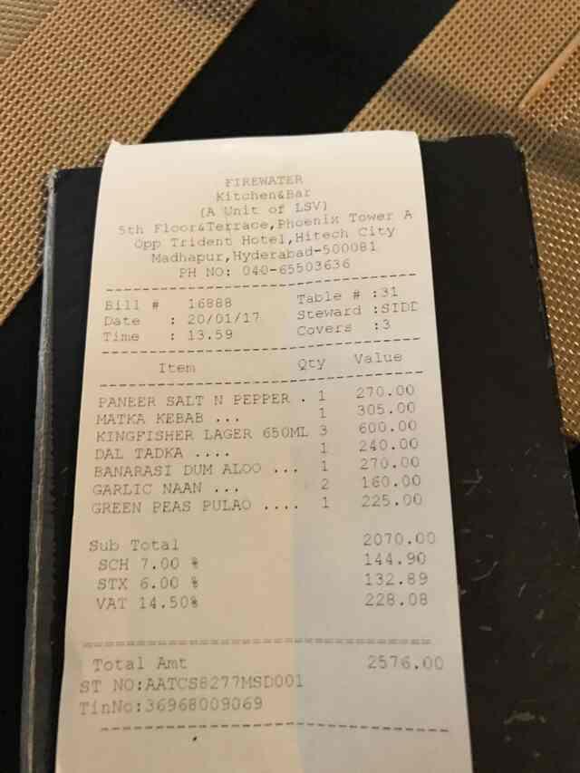 Menu at Firewater, Hyderabad