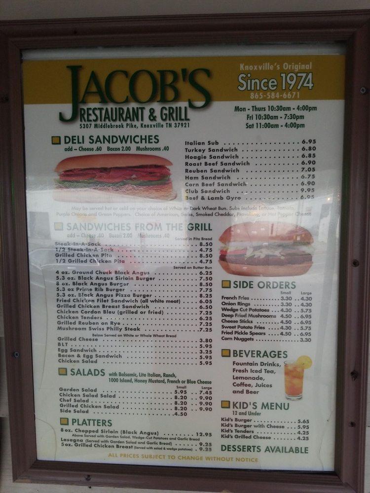 Menu at Jacob's Time Out Deli pub & bar, Knoxville