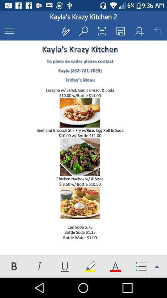 Menu at Kayla's Krazy Kitchen restaurant, Houston