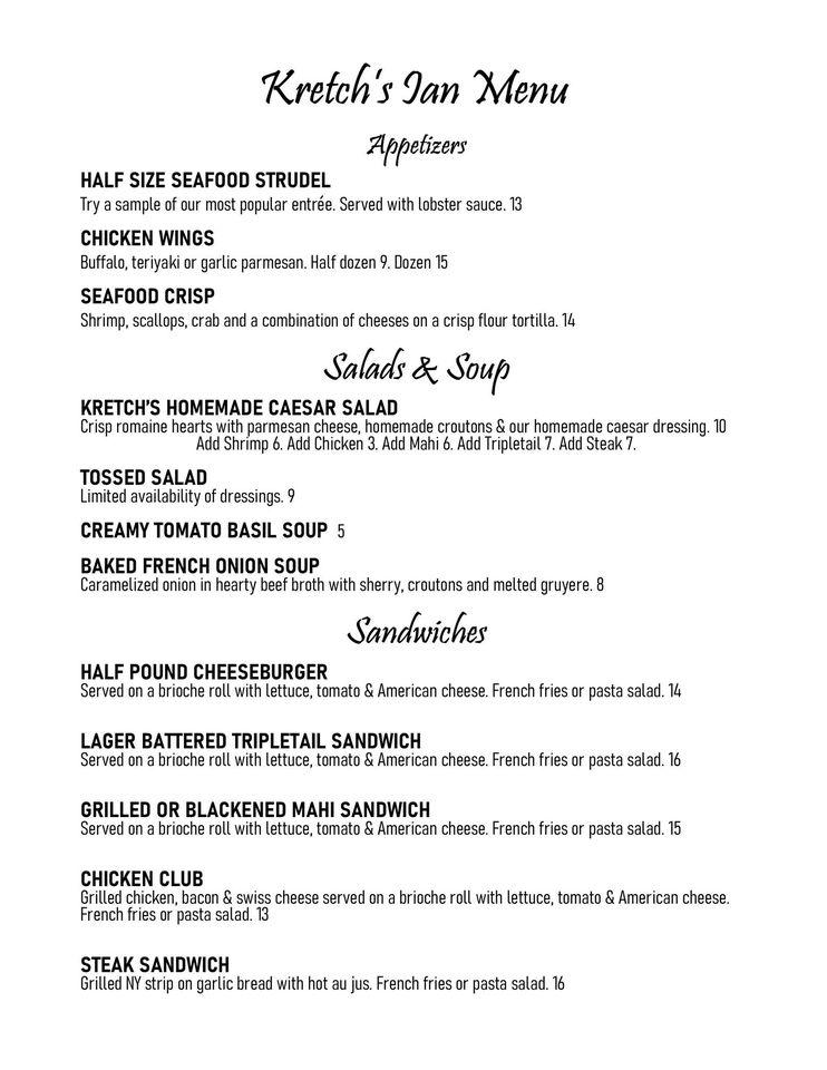 Menu at Kretch's Restaurant, Marco Island