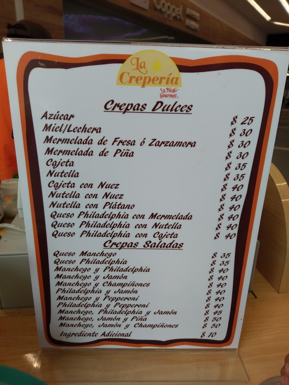 Menu at La Creperia Le Peche Gourmet cafe, Mexico