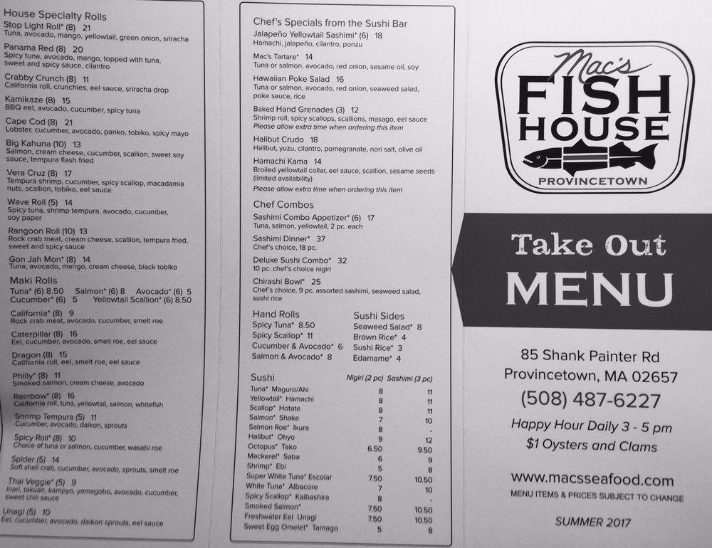 Menu at Mac's Fish House Provincetown pub & bar, Provincetown