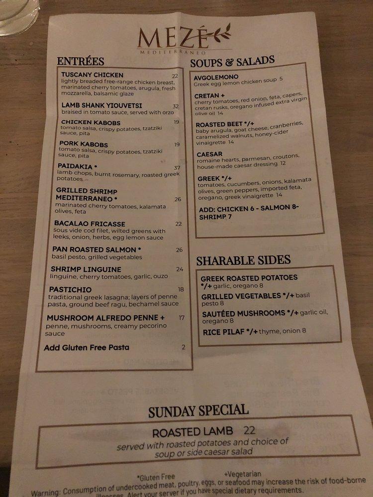 Menu at Mezé Mediterráneo pub & bar, Schaumburg