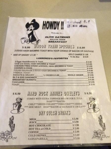 Menu at Olive Oatman Restaurant & Saloon, Oatman
