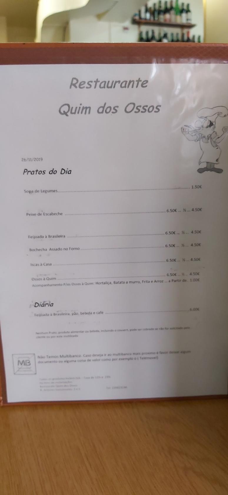 Menu at Quim dos Ossos restaurant, Coimbra