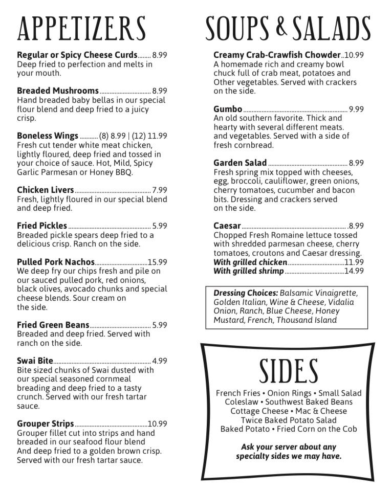 Menu at Southern Roots restaurant, Perryville