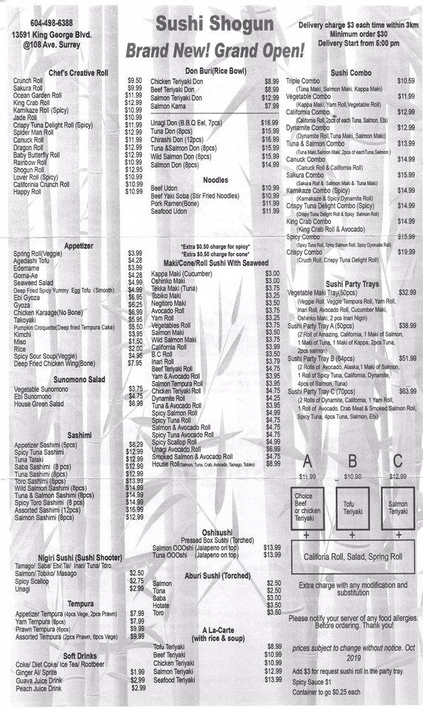 Menu at Sushi Shogun restaurant, Surrey