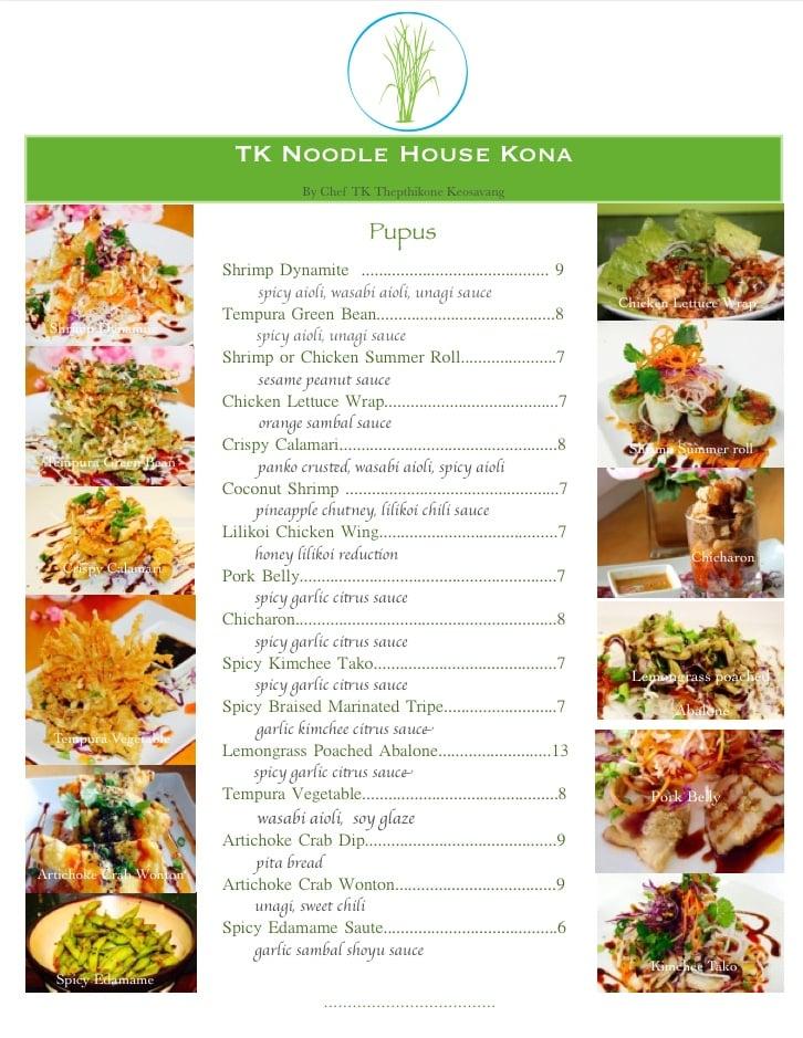 Menu at TK Noodle House Kona restaurant, Kailua-Kona