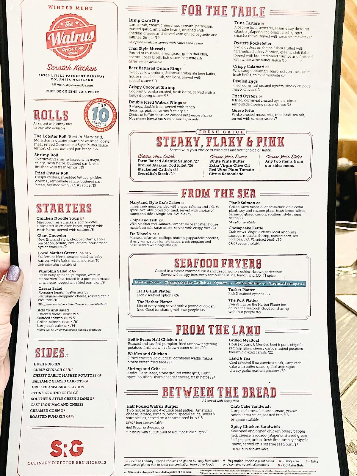 Menu at The Walrus Oyster & Ale House pub & bar, Columbia
