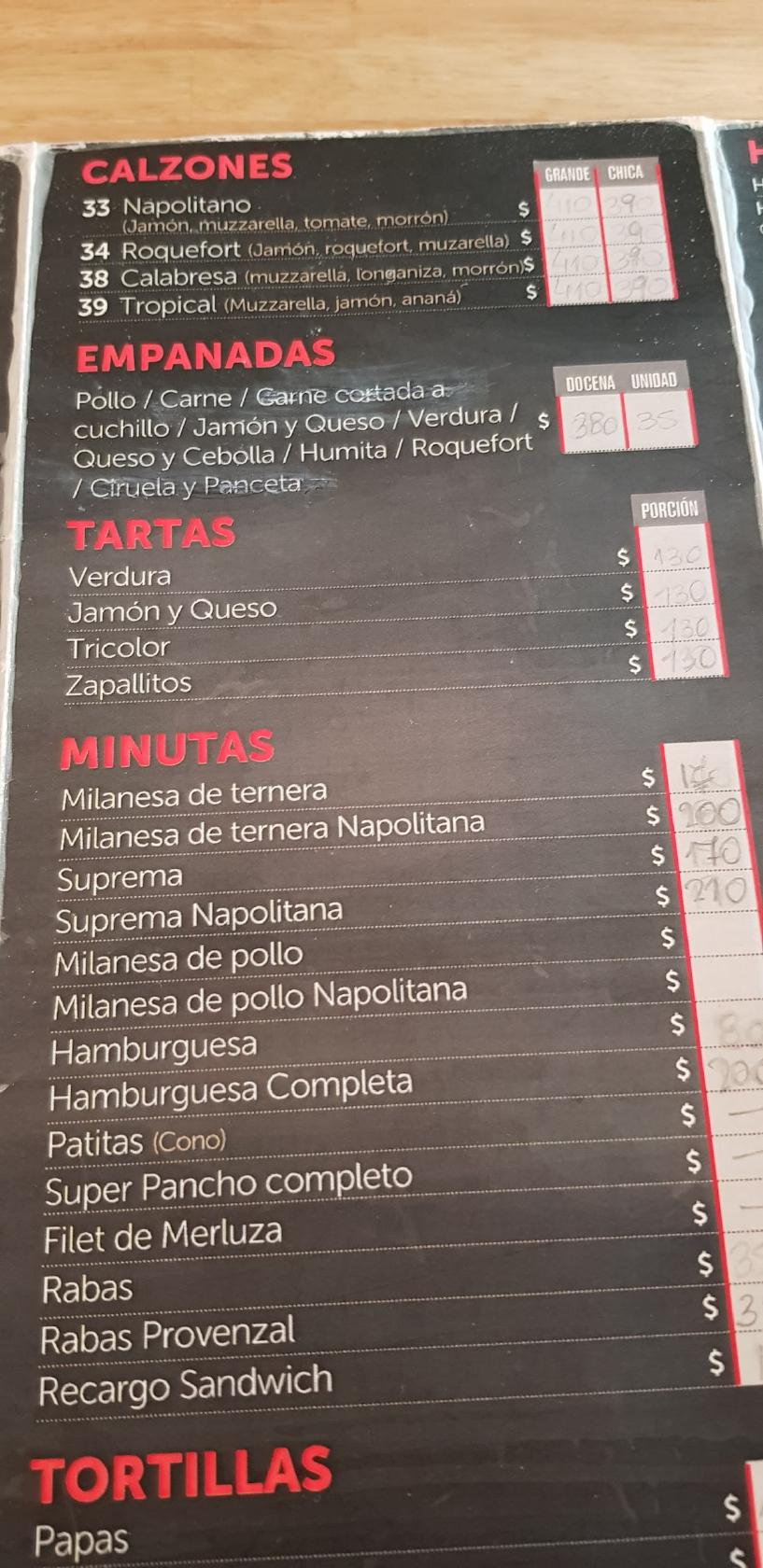 Menu at Ave Fenix restaurant, San Bernardo del Tuyú
