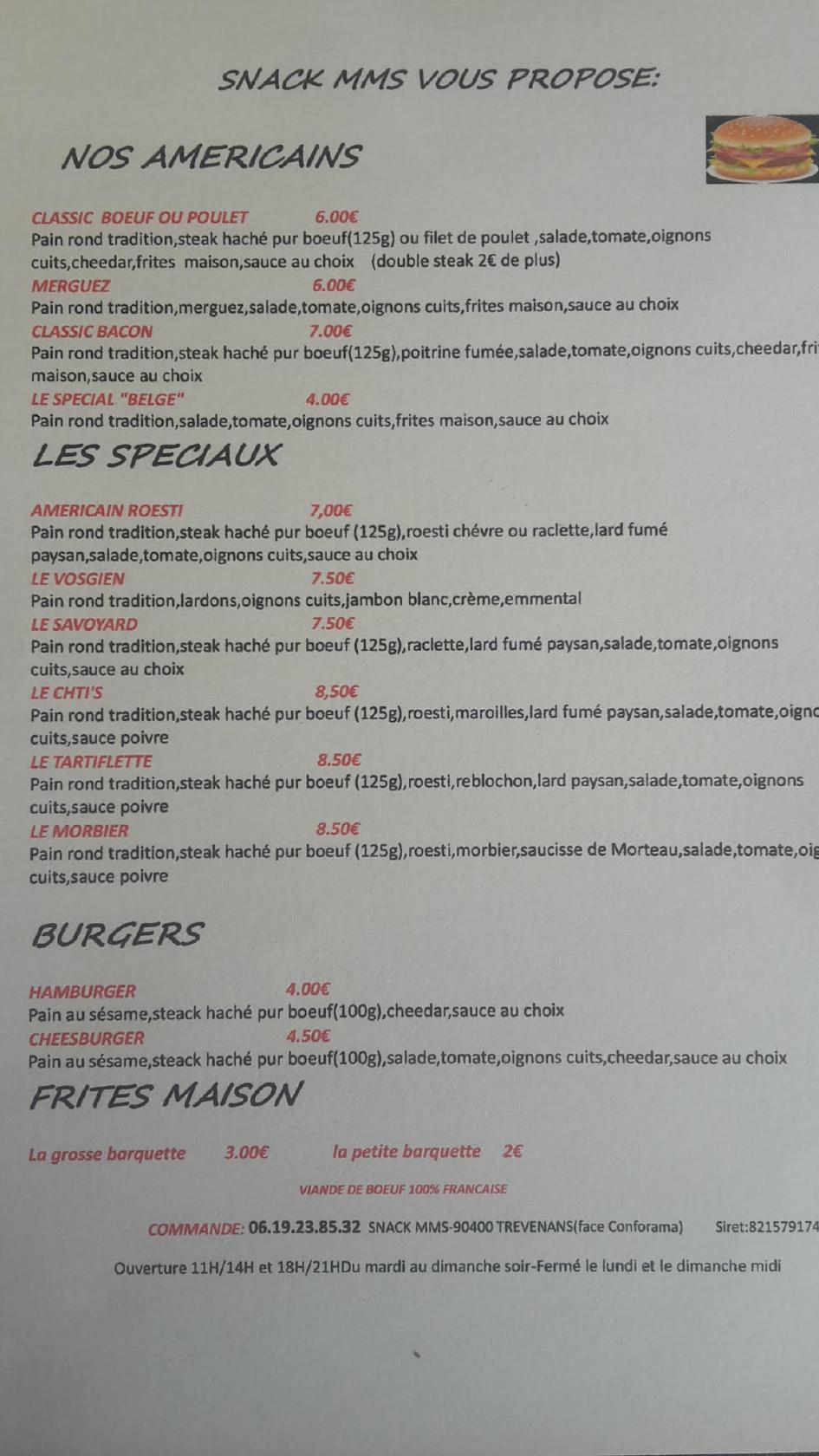 Menu au MMS Snack Friterie, Trévenans
