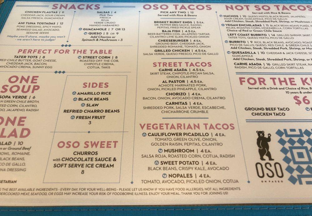 Menu at OSO Paseo pub & bar, Oklahoma City