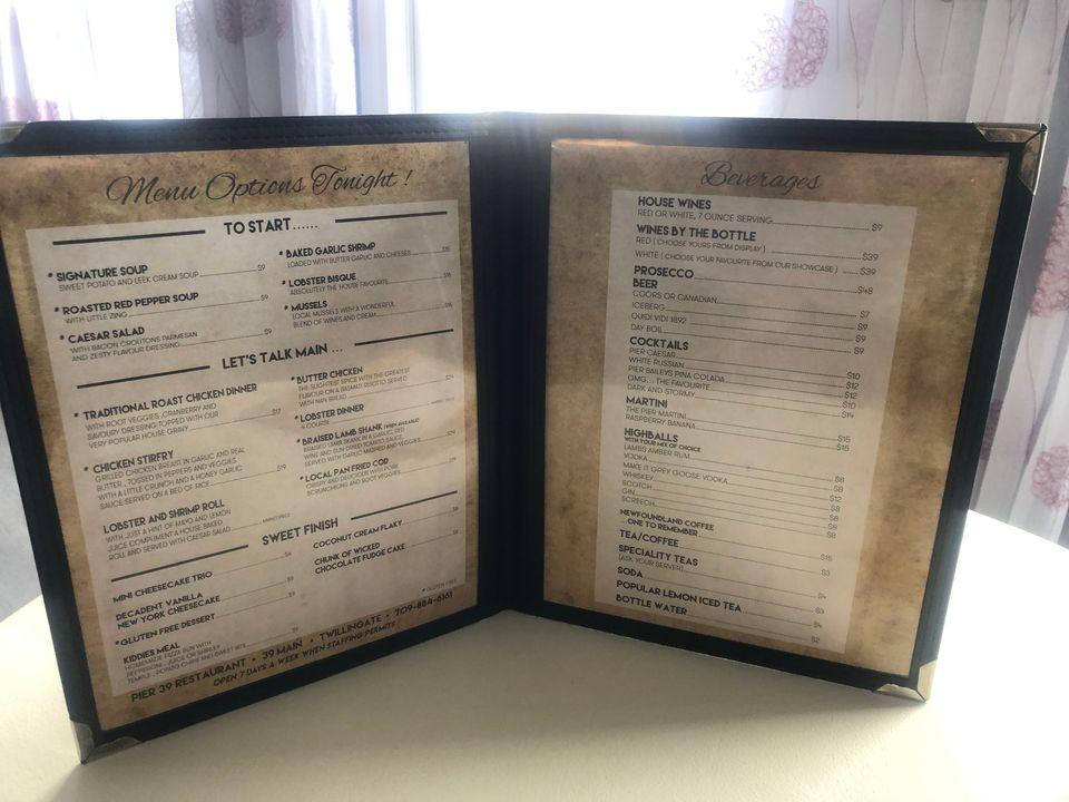 Menu at Pier 39 pub & bar, Twillingate