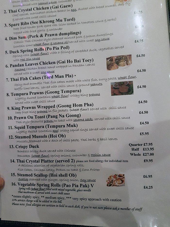 Menu at Thai Crystal fast food, London, 7 Westow Hill
