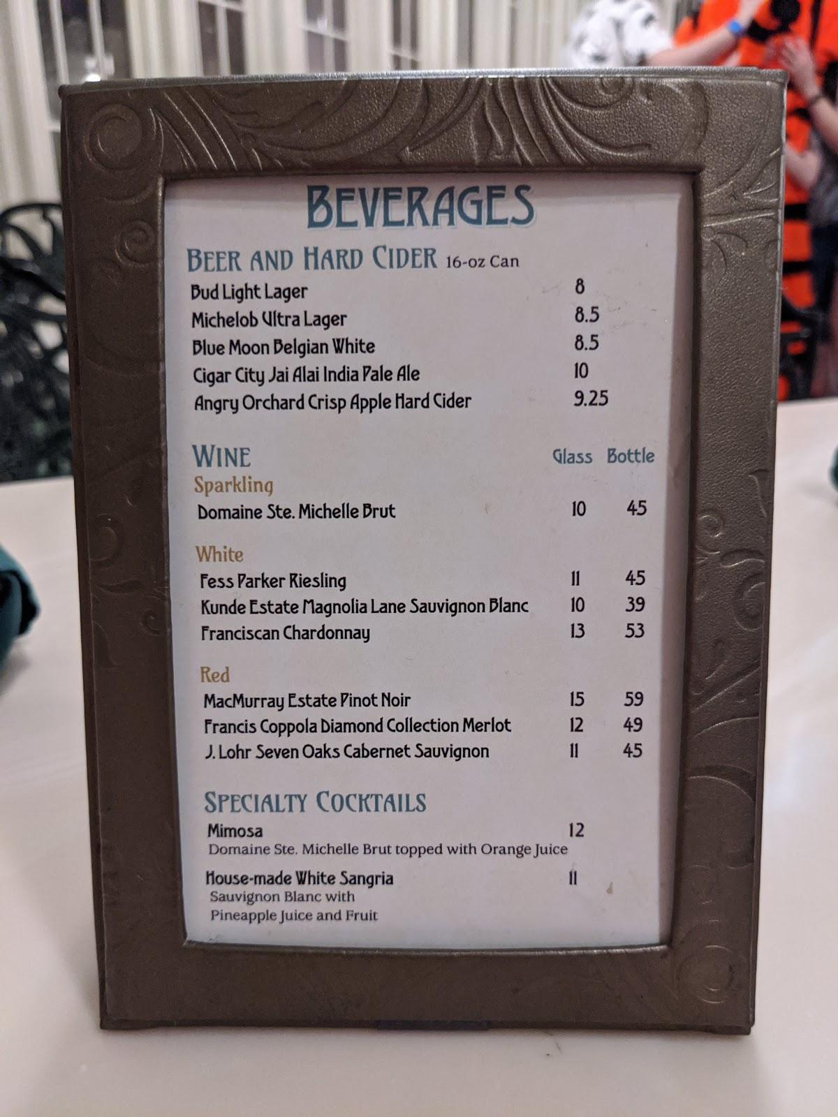 Menu at The Crystal Palace restaurant, Bay Lake, West Monorail Way