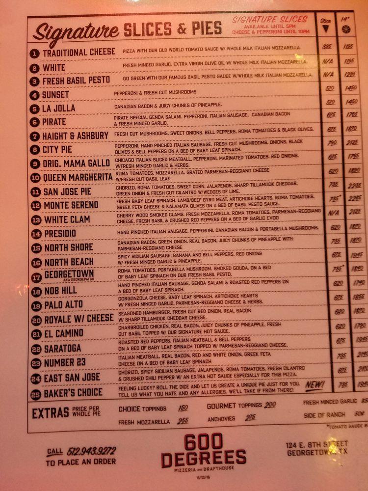 Menu at 600 Degrees Pizzeria, Georgetown