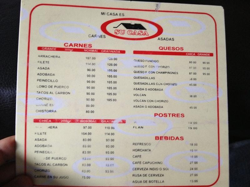 Menu at Carnes Asadas Su Casa steakhouse, Guadalajara