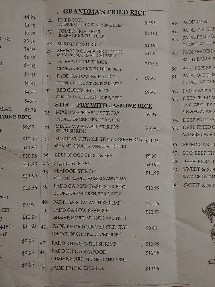 Menu at Grandma’s Thai Cuisine restaurant, Harker Heights