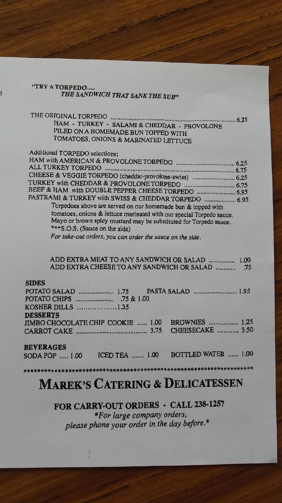 Menu at Marek's Catering & Delicatessen restaurant, Saint Joseph