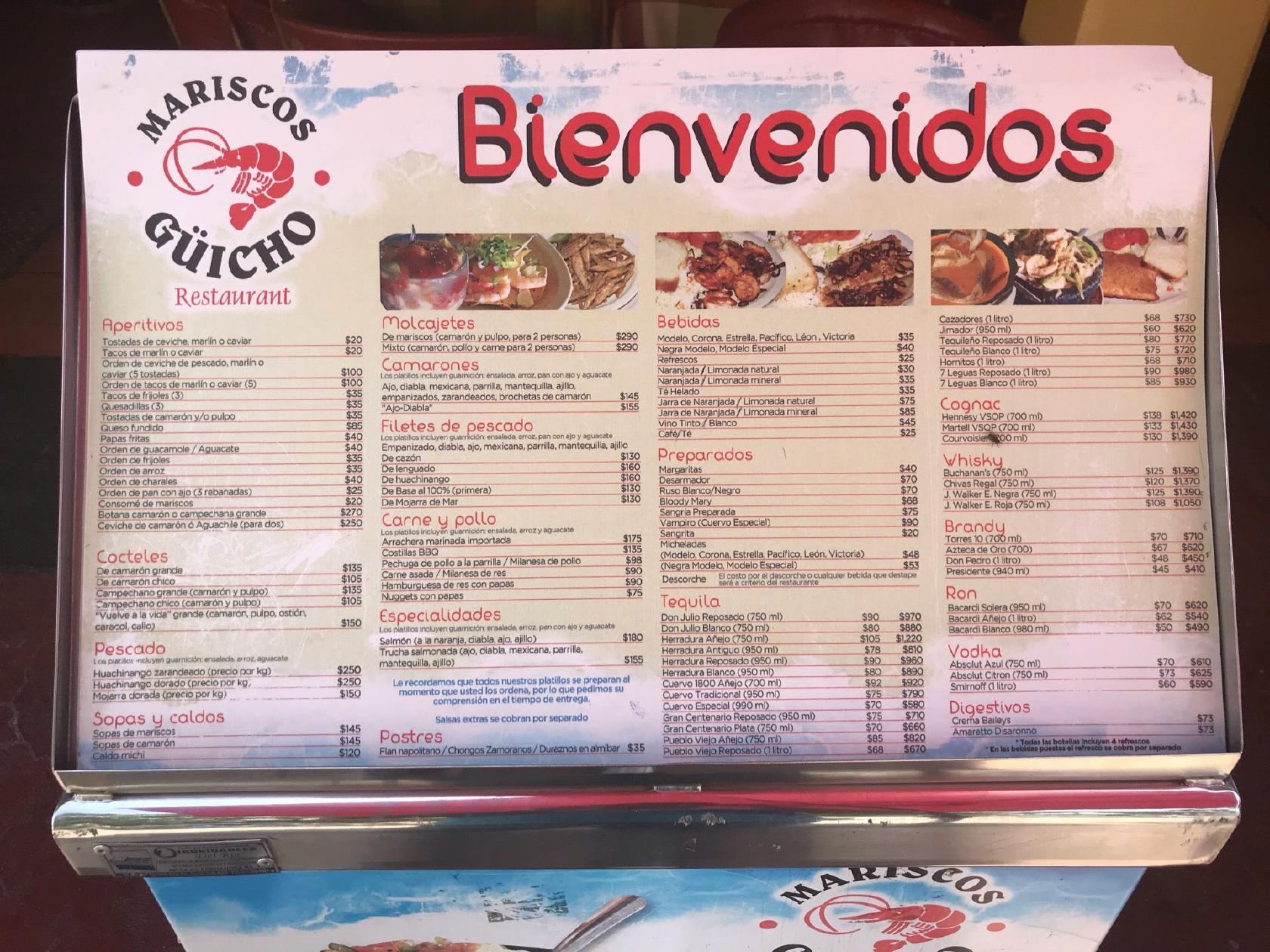 Menu at Mariscos Guicho restaurant, Chapala