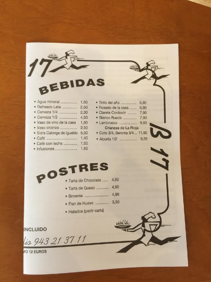 Menu at Pizzeria La Mina B17, San Sebastián